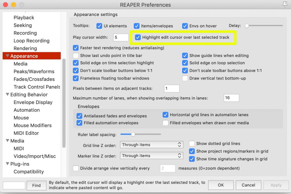 Enable / Disable Edit Cursor Highlight (REAPER V6.25) | The REAPER Blog