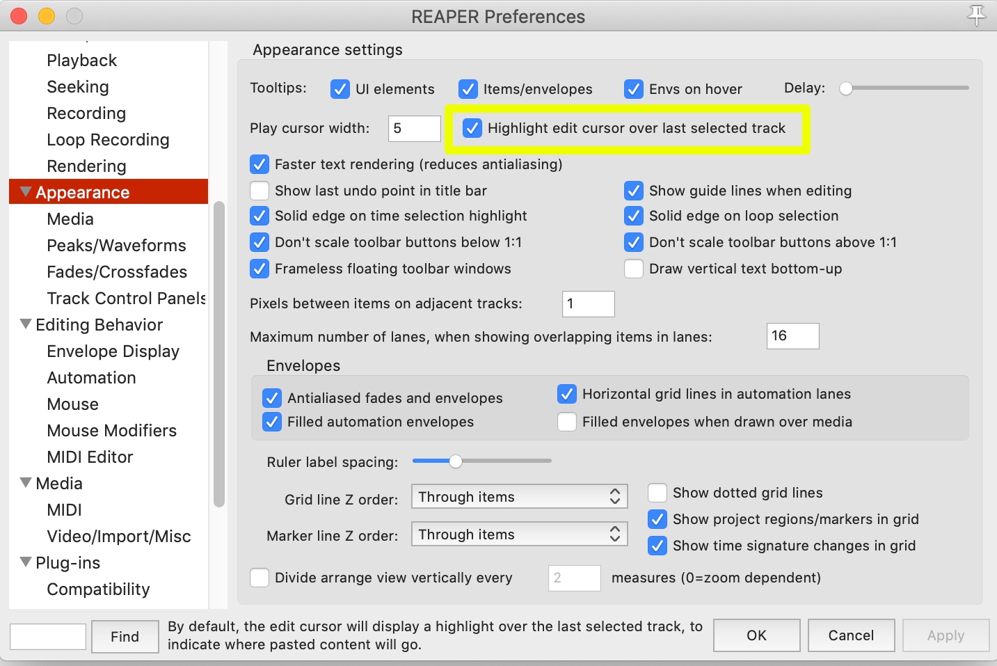 Enable / Disable Edit Cursor Highlight (REAPER V6.25) | The REAPER Blog